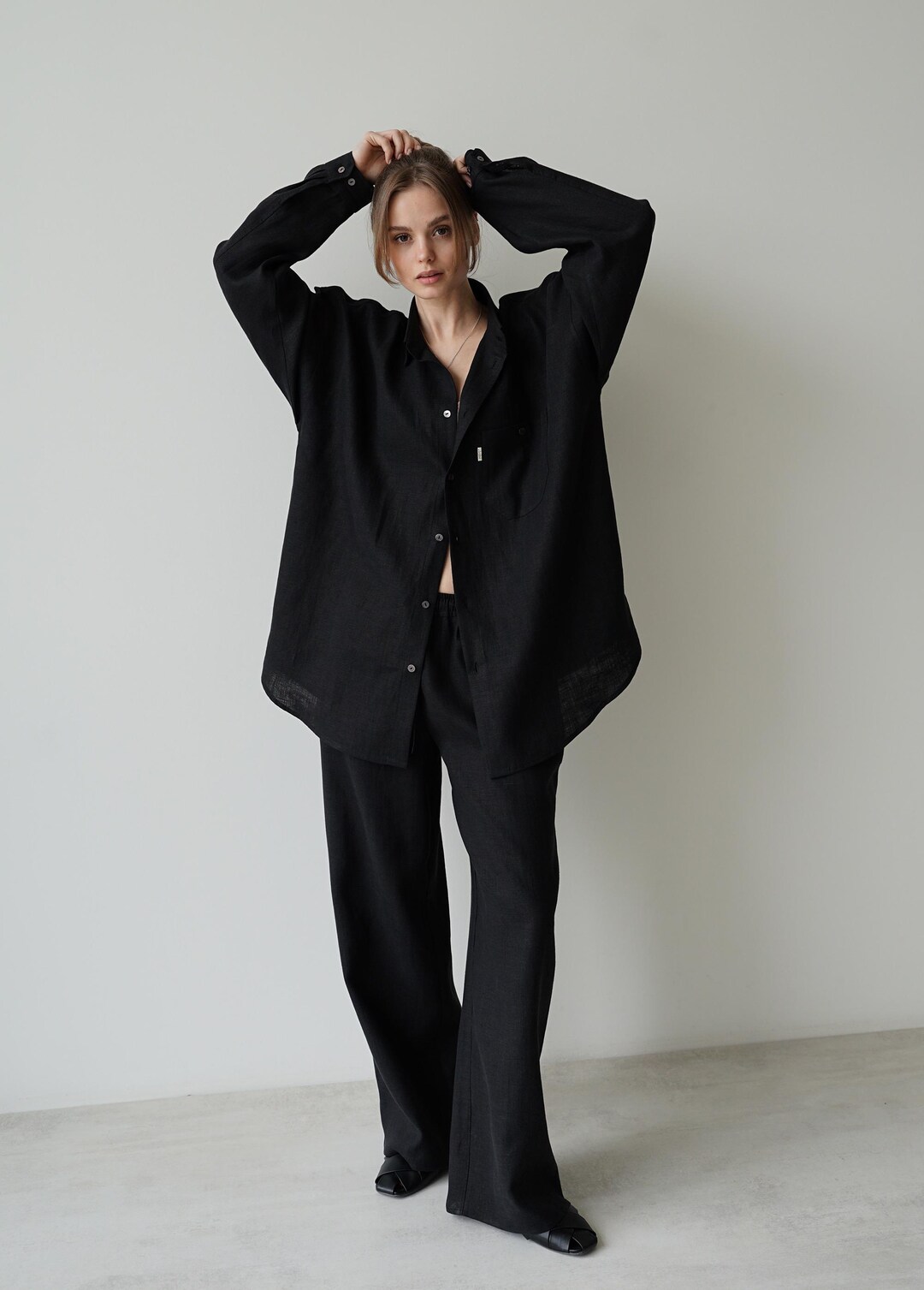 Black Linen Shirt, Oversized Linen Blouse, Relaxed Fit Blouse, Casual ...