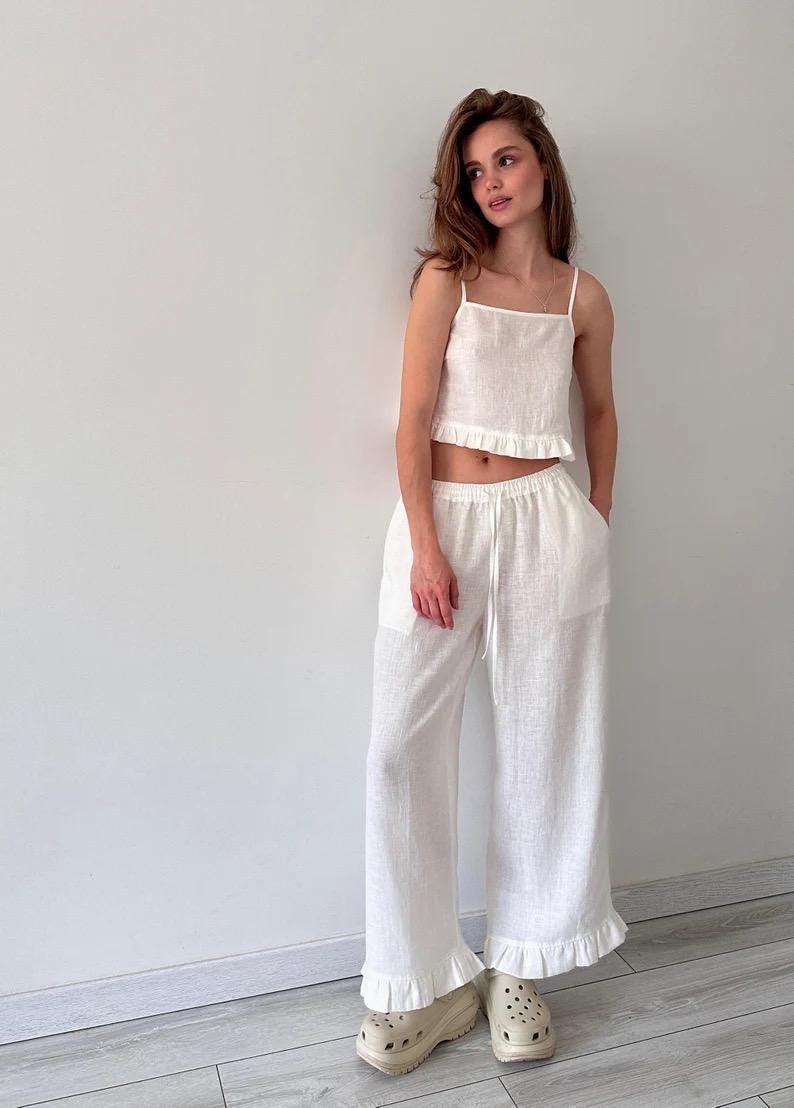 White Linen Top, Cropped Linen Top for Women, Ruffle White Top, Tank ...
