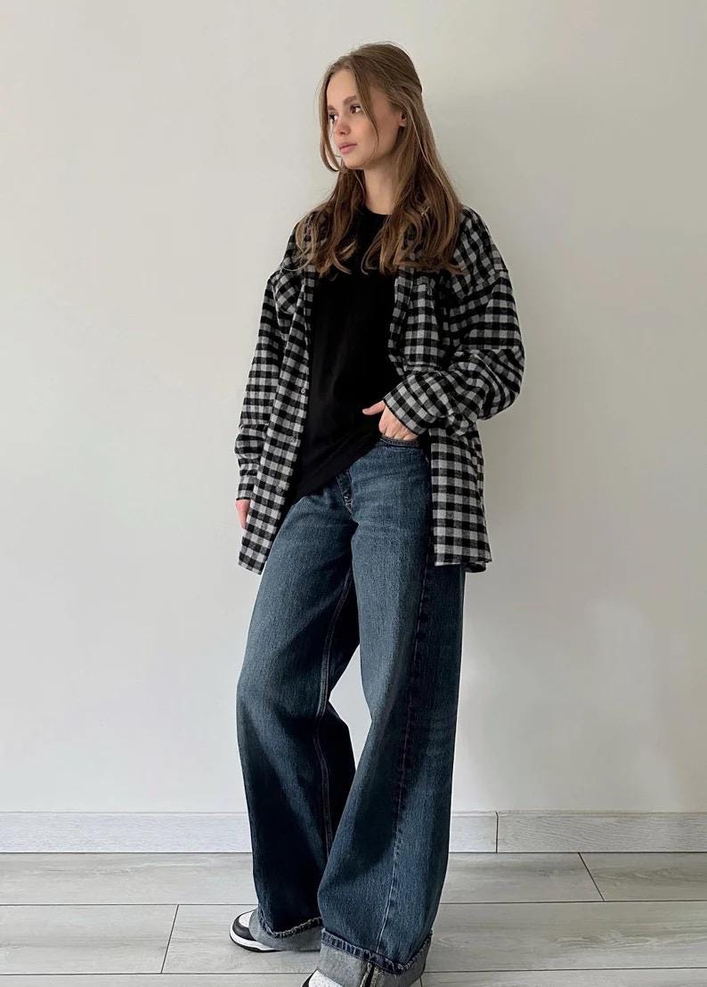 Grunge Style Shirt, Oversized Plaid Shirt, Checked Button-up Shirt ...
