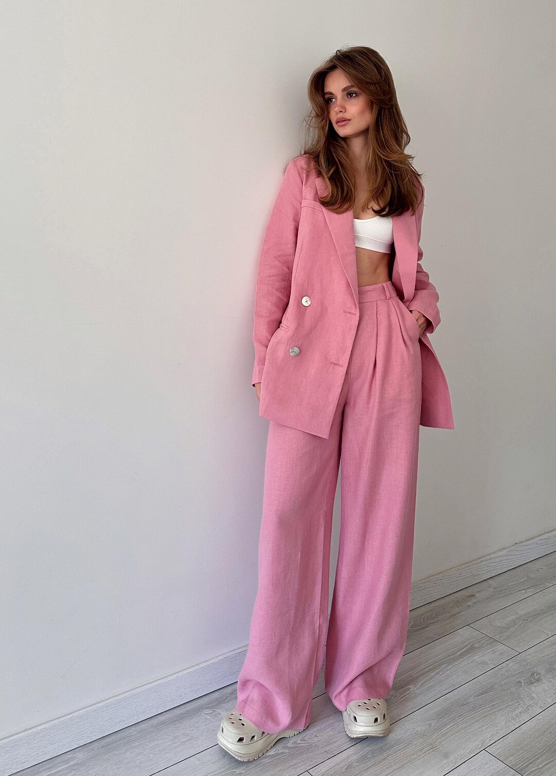 Pink Linen Suit, Oversized Blazer, Summer Linen Set, Linen Suit Women ...