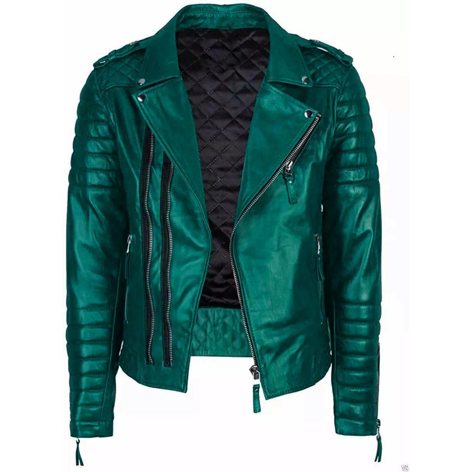 Mens Teal Leather Biker Jacket Unique Slim Fit Motorcycle Cowhide Coat ...