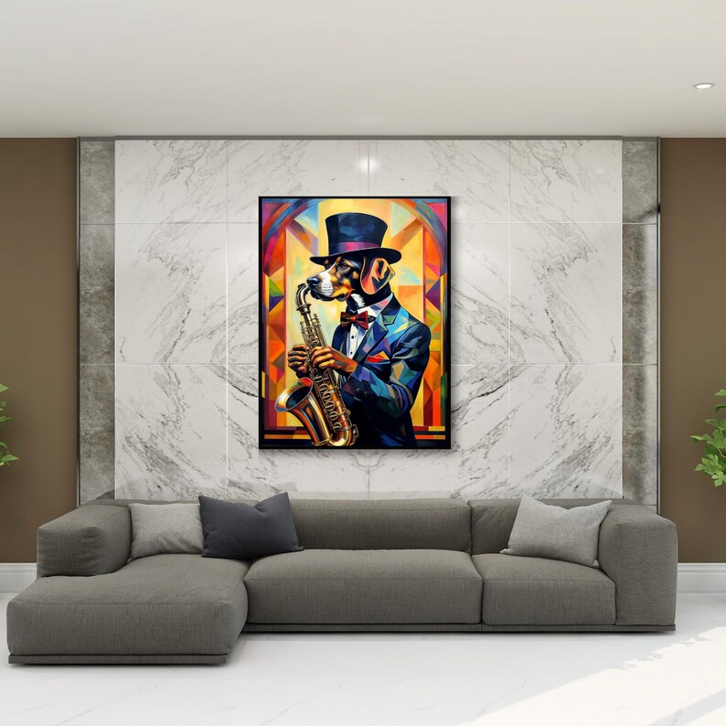 Dog Saxophone Poster Funny Jazz Pet Portrait Colorful Wall Art (digital ...