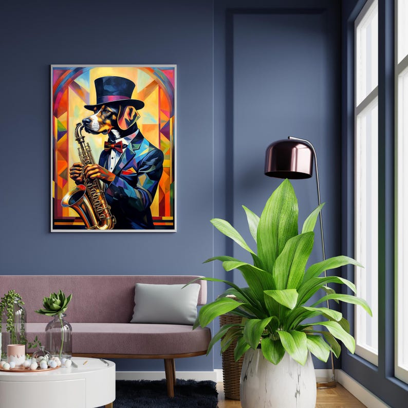 Dog Saxophone Poster Funny Jazz Pet Portrait Colorful Wall Art (digital ...