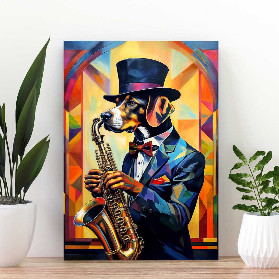 Dog Saxophone Poster Funny Jazz Pet Portrait Colorful Wall Art (digital ...