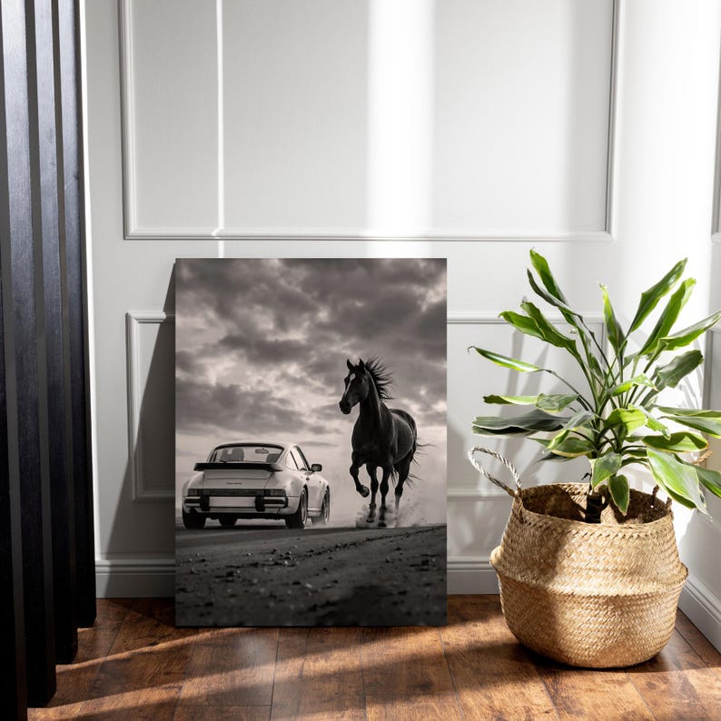 Porsche 911 Horse Black White Poster Vintage Car Wall Art (digital ...