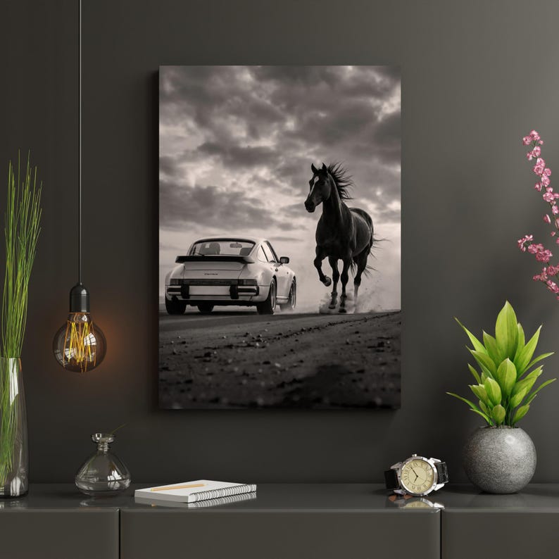 Porsche 911 Horse Black White Poster Vintage Car Wall Art (digital ...
