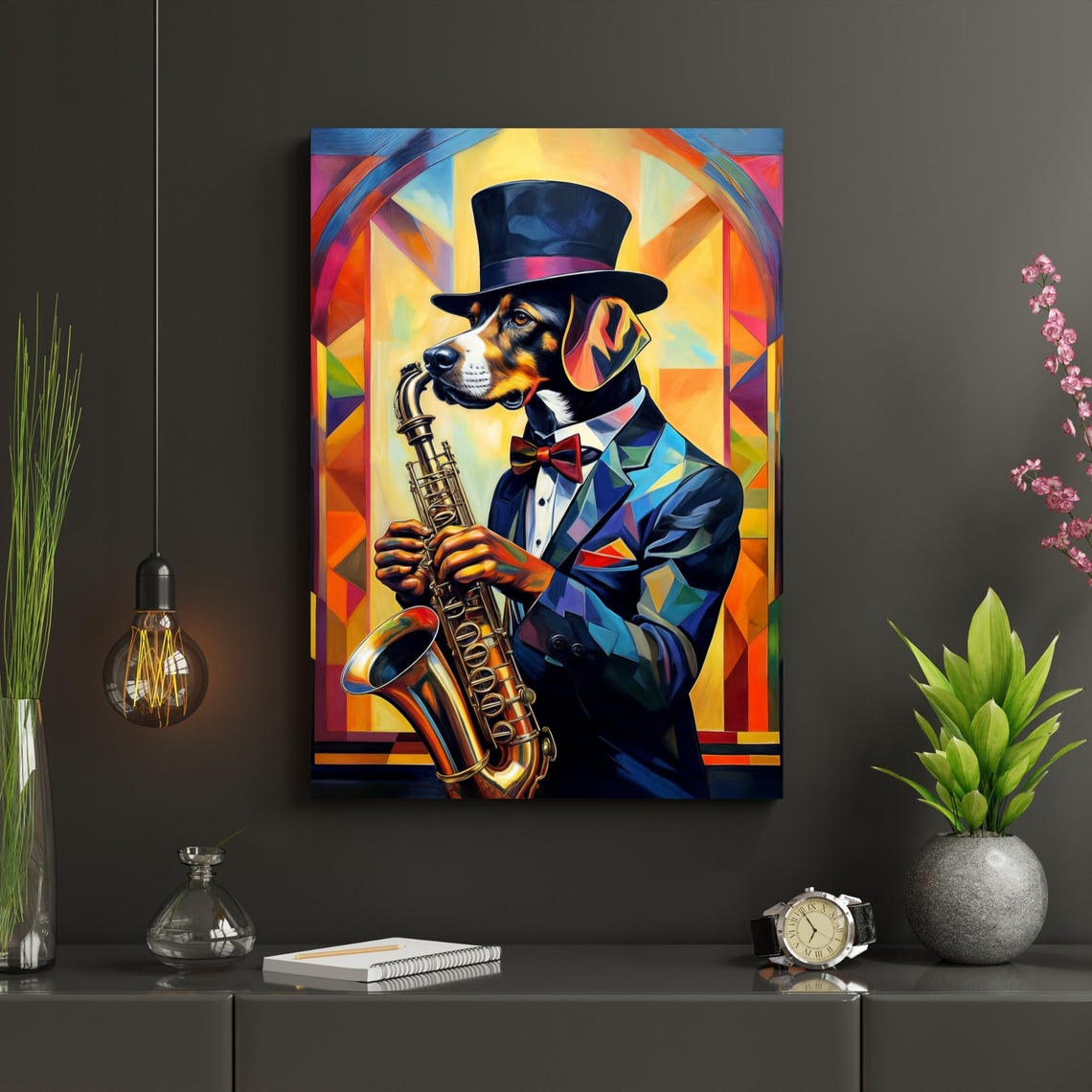 Dog Saxophone Poster Funny Jazz Pet Portrait Colorful Wall Art (digital ...