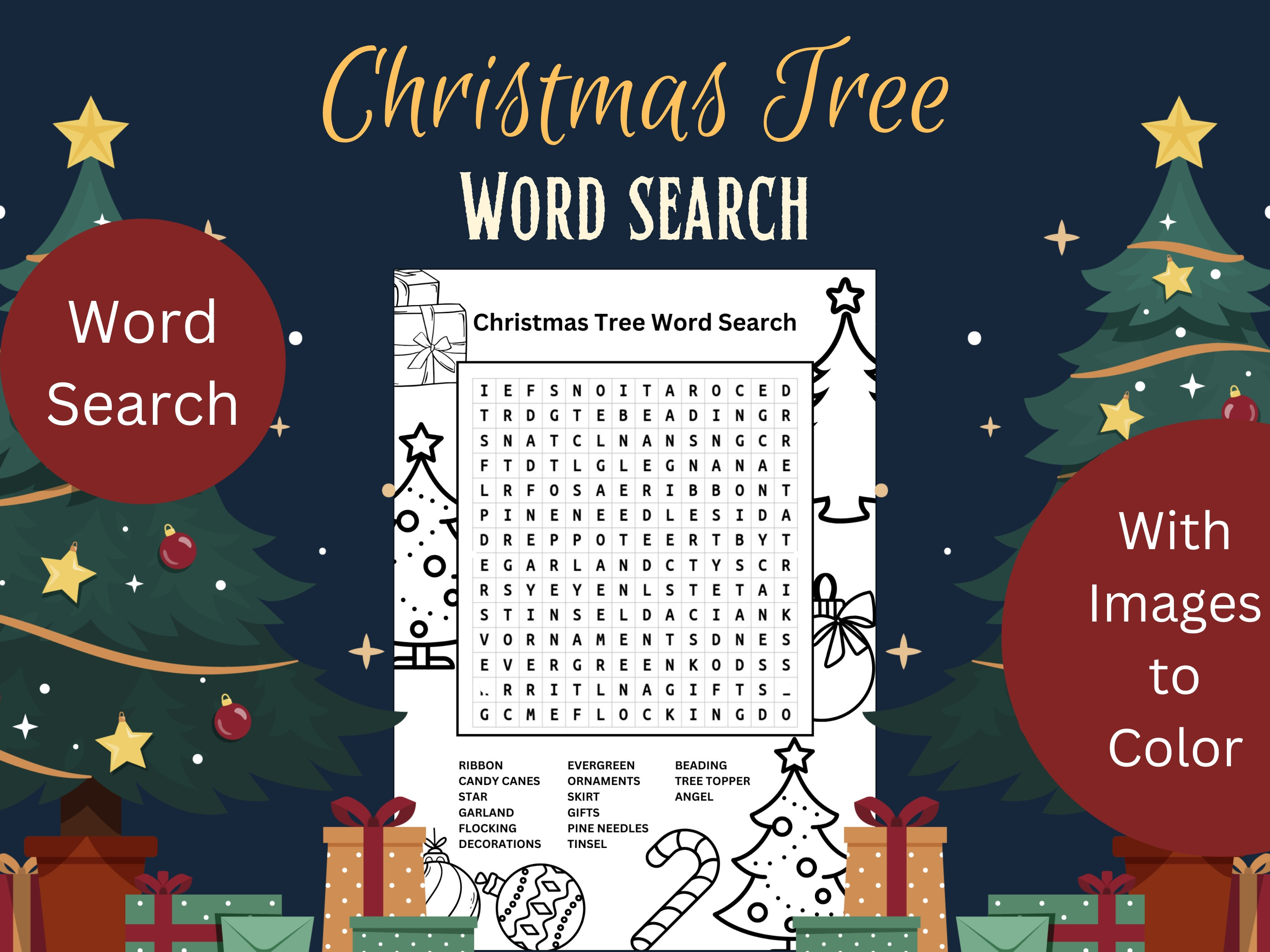 Printable Christmas Tree Word Search Puzzle Coloring Page for Kids and ...