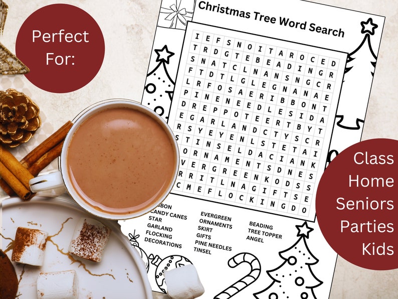 Printable Christmas Tree Word Search Puzzle Coloring Page for Kids and ...