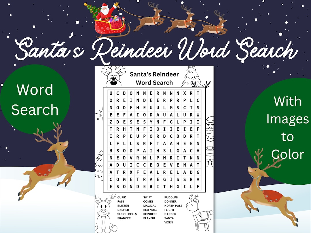 Printable Santa's Reindeer Word Search Puzzle Coloring Page Christmas ...