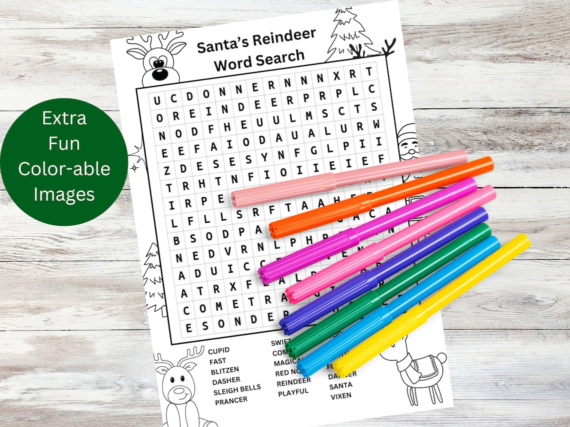Printable Santa's Reindeer Word Search Puzzle Coloring Page Christmas ...