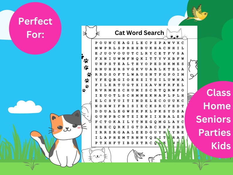 Printable Cat Word Search Puzzle for Kids and Adults, Fun Word Game for Parties and Classrooms ...