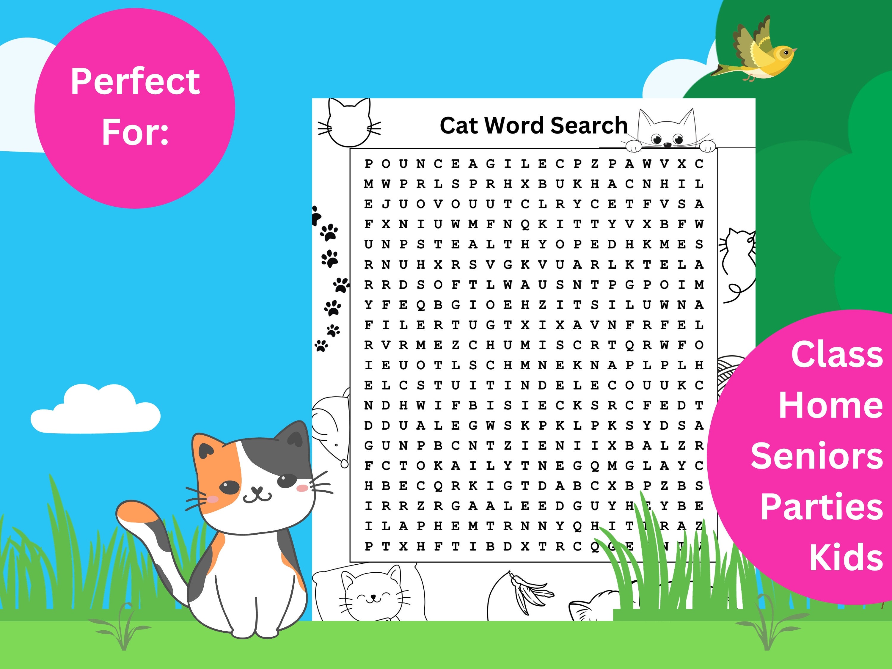 Printable Cat Word Search Puzzle for Kids and Adults, Fun Word Game for ...