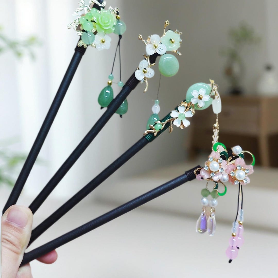 Vintage Wooden Hair Stick With Floral Jade Tassel,elegant Dark Wood ...