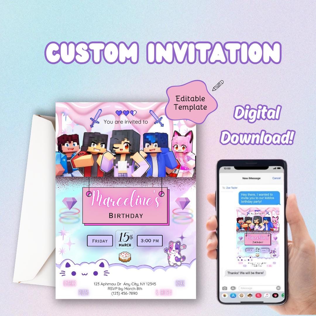 Aphmau Friends Editable Printable Birthday Party Invitation, Editable ...