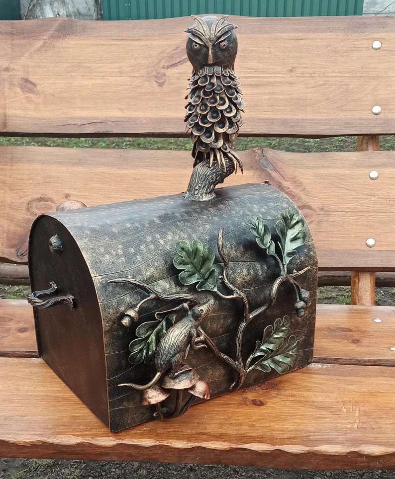 Forged Mailbox: Handmade Steel Owl, Mouse & Oak - Woodland Decor - Etsy
