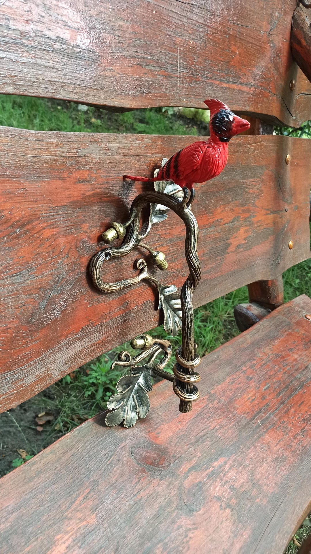 Forged Steel Oak Branch Door Handle: Red Bird Accent, Nature Inspired ...