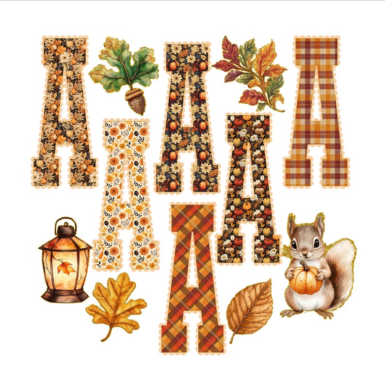 Autumn Gingham Alphabet PNG Bundle: Rustic Farmhouse Letters & Clipart ...