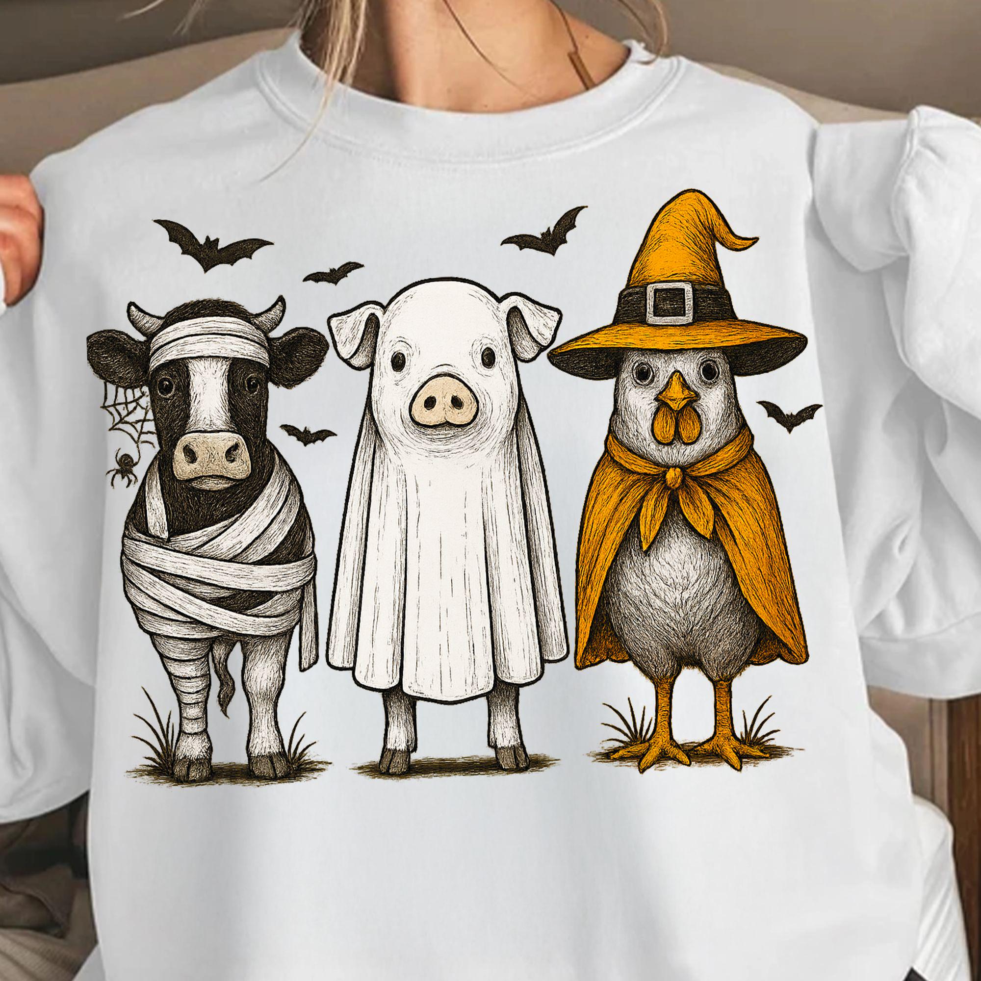 Spooky Farm Animals Halloween PNG: Ghost Pig, Witch Chicken, Mummy Cow ...