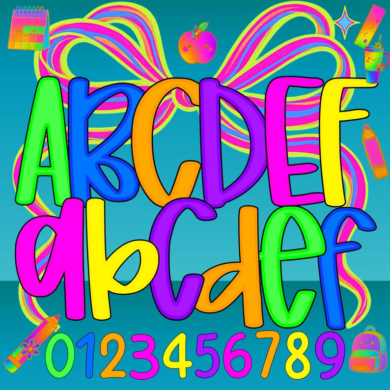 Neon Preppy Alphabet Numbers Clipart Bundle , Teacher Sublimation ...