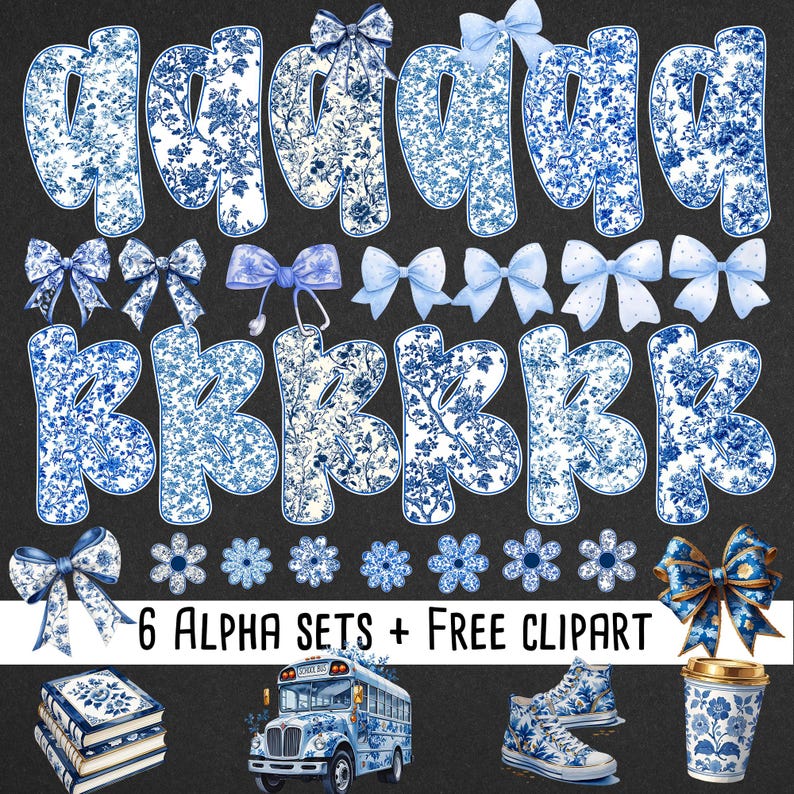 Chinoiserie Alphabet Clipart Bundle: Blue Floral Font, School ...