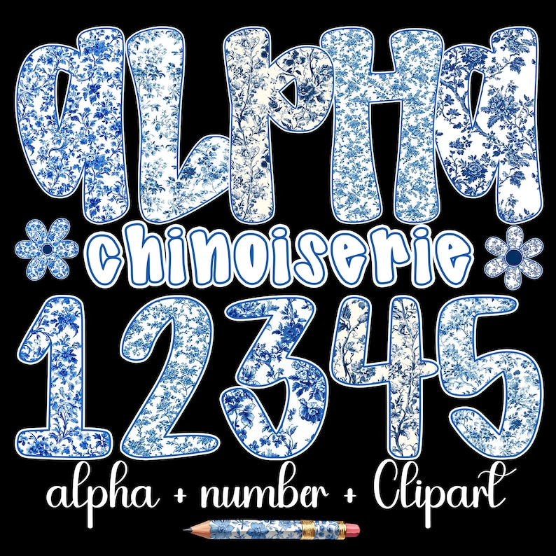 Blue Chinoiserie Alphabet Clipart: Floral Font With School & Christmas ...