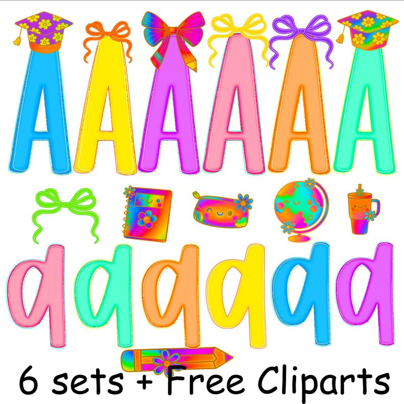 Bright Doodle Alphabet PNG Bundle | Neon Clipart A-Z & 0-9 | Preppy ...