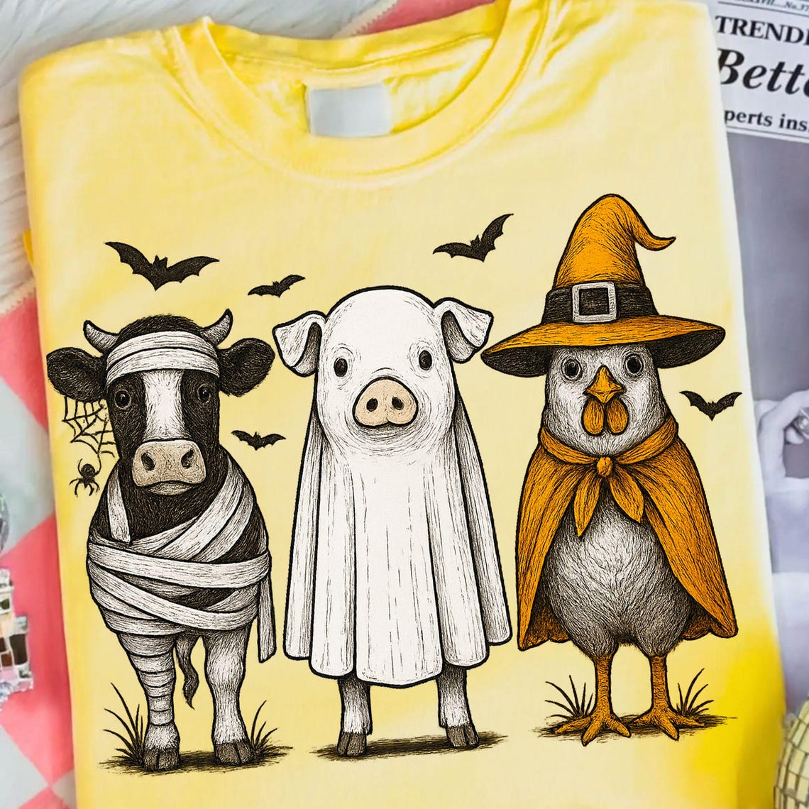 Spooky Farm Animals Halloween PNG: Ghost Pig, Witch Chicken, Mummy Cow ...
