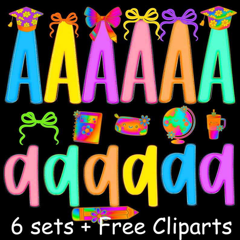 Bright Doodle Alphabet PNG Bundle | Neon Clipart A-Z & 0-9 | Preppy ...