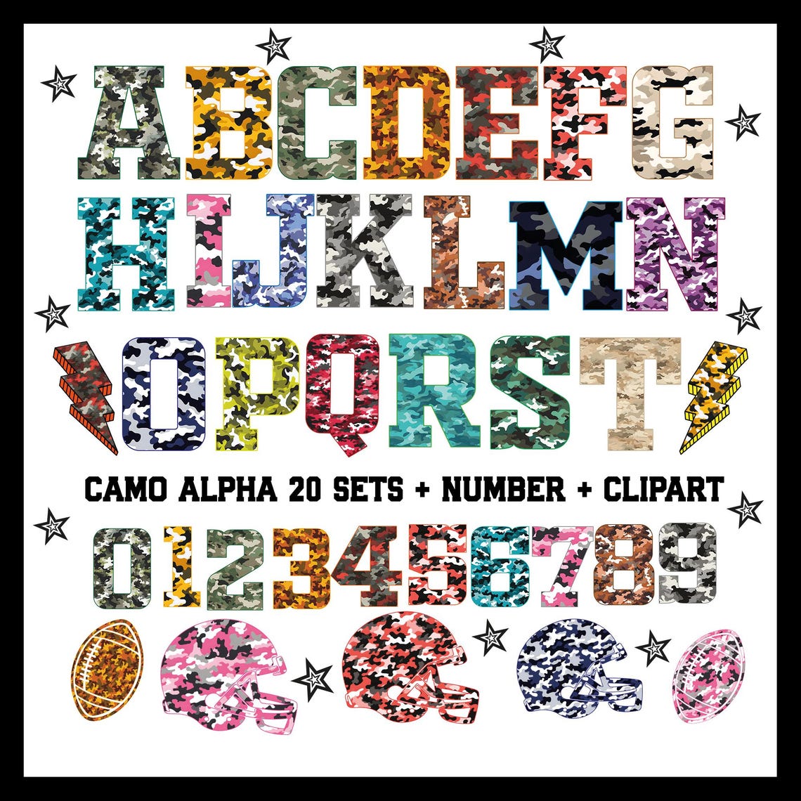 Trendy Camo Sports Alphabet Clipart: Instant Download for Sublimation ...