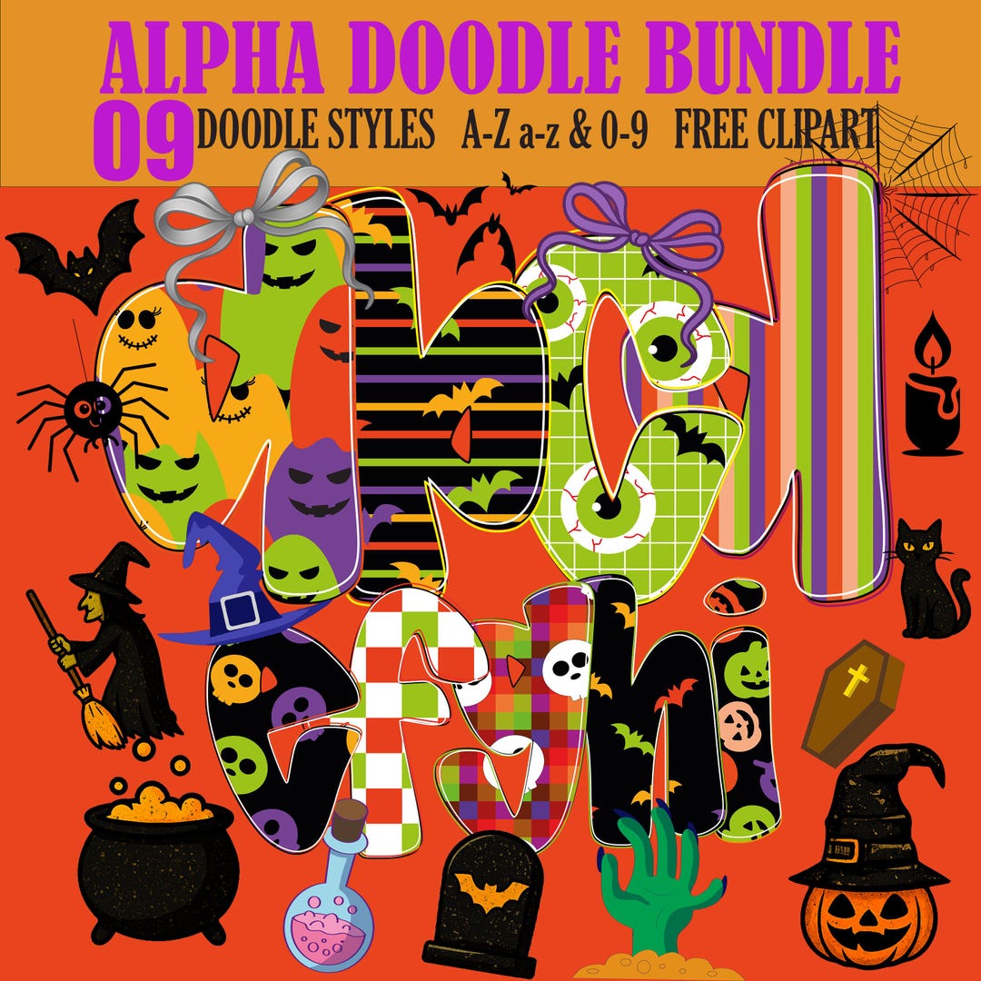 Spooky Halloween Doodle Font Bundle: 9 Alphabet PNG Sets for Digital ...