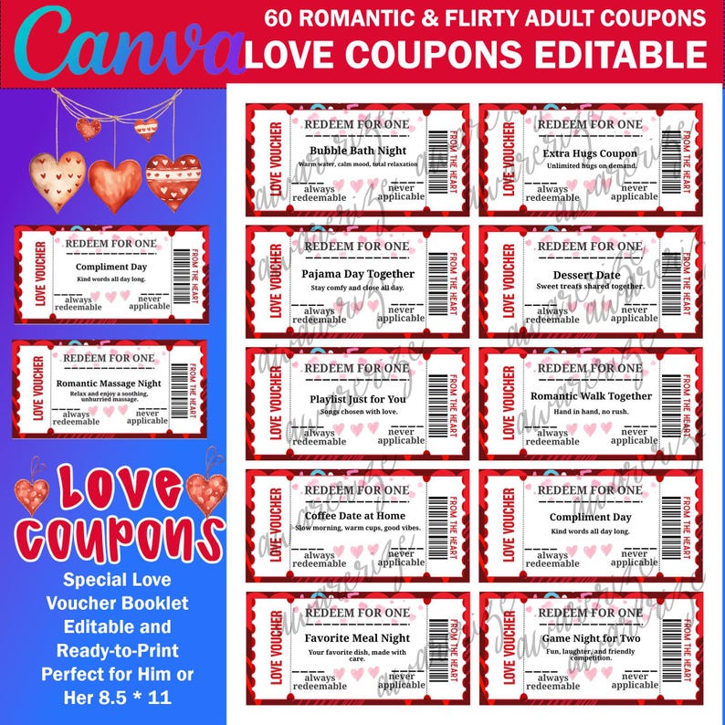 Romantic Love Coupons, Canva Editable, Valentine's Day Gift (printable ...