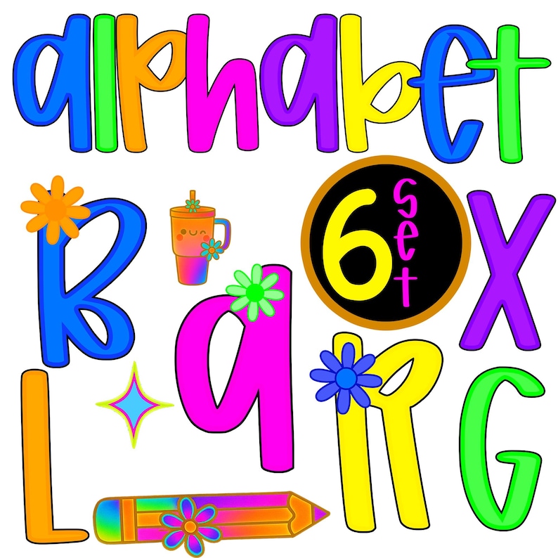 Neon Doodle Alphabet PNG Bundle | School Clipart (digital Download) - Etsy