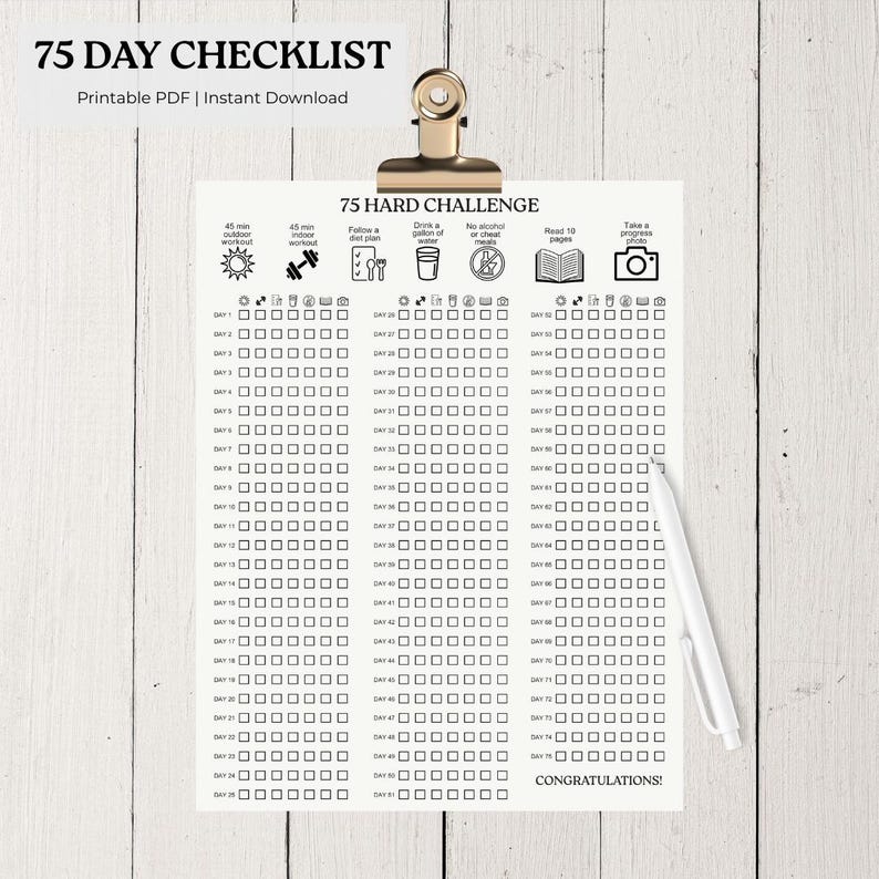 75 Hard Challenge Checklist | Printable Fitness Tracker | 75 Day PDF ...