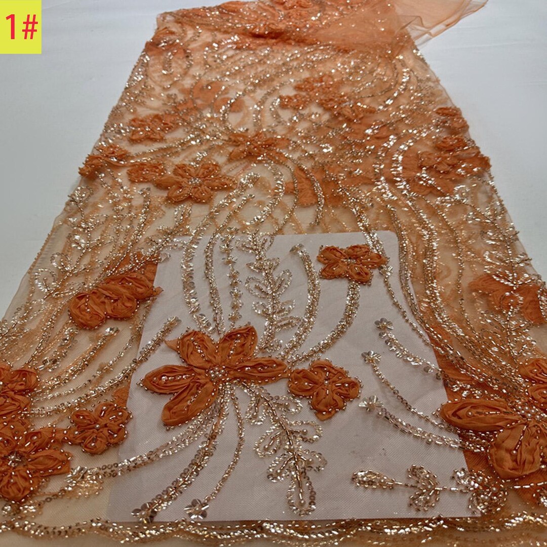 3D Flower Sequin Embroidery Fabric: Beaded Polyester for Couture ...