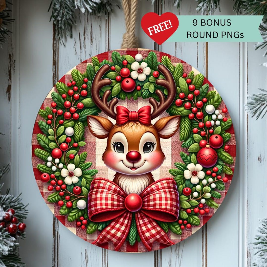 Rudolph Christmas Reindeer Wreath Round PNG – Holiday Door Hanger and ...