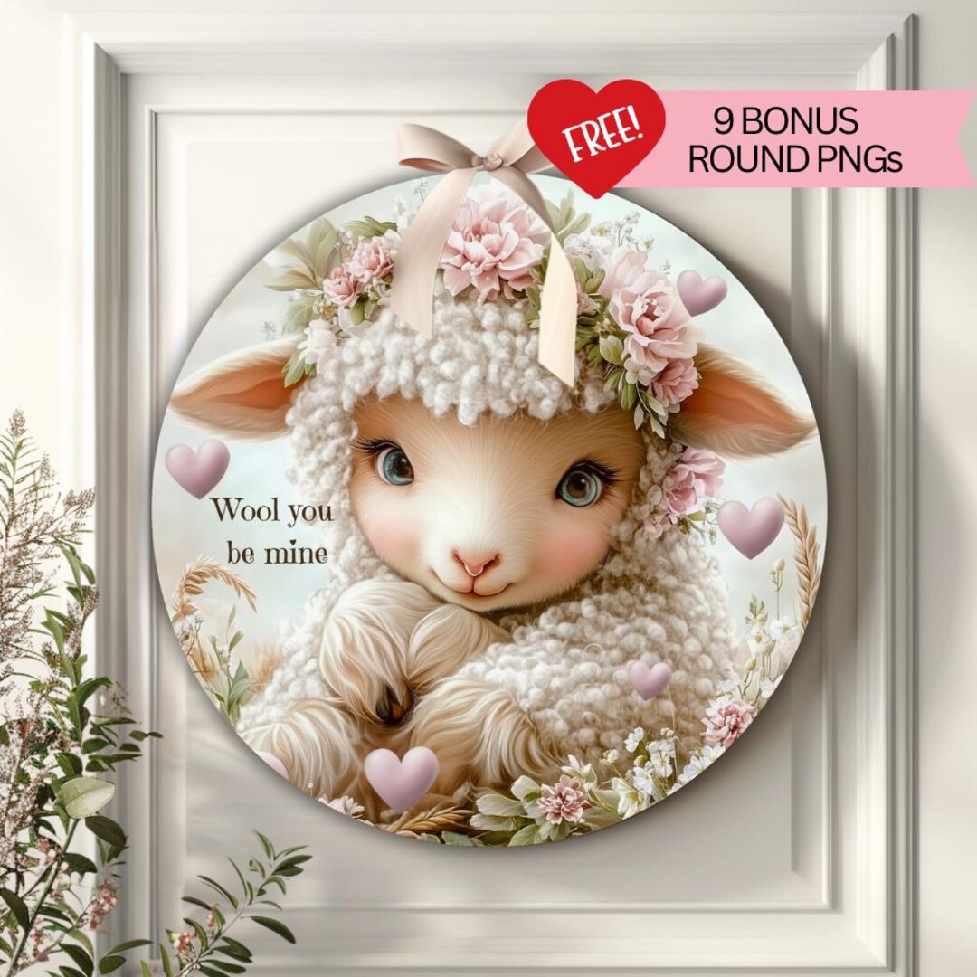 Wool You Be Mine Round Door Hanger PNG, Cute Lamb Valentine Round ...