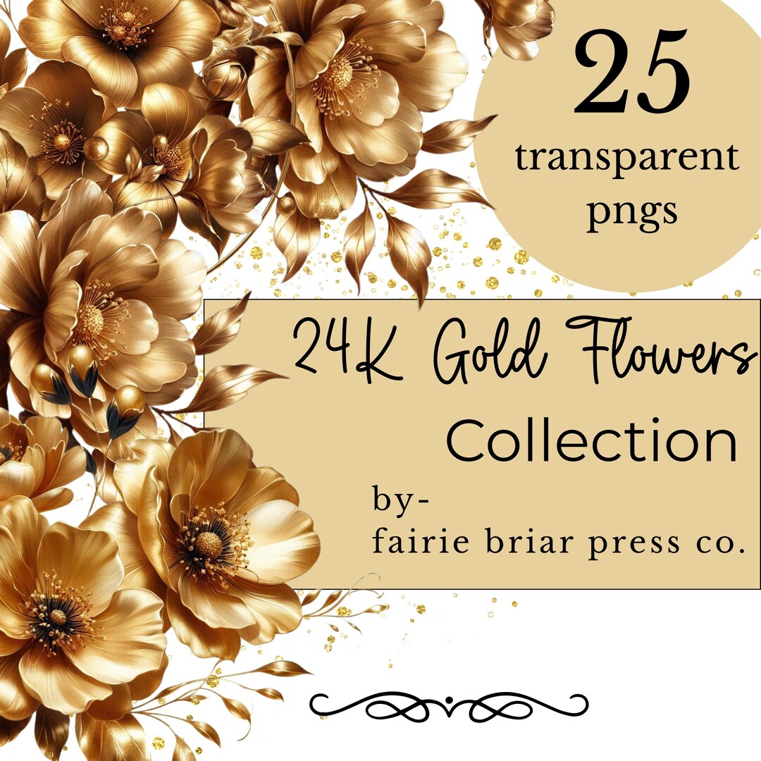 24K Gold Flower Clipart: Wedding Invitation Floral Pngs (digital ...