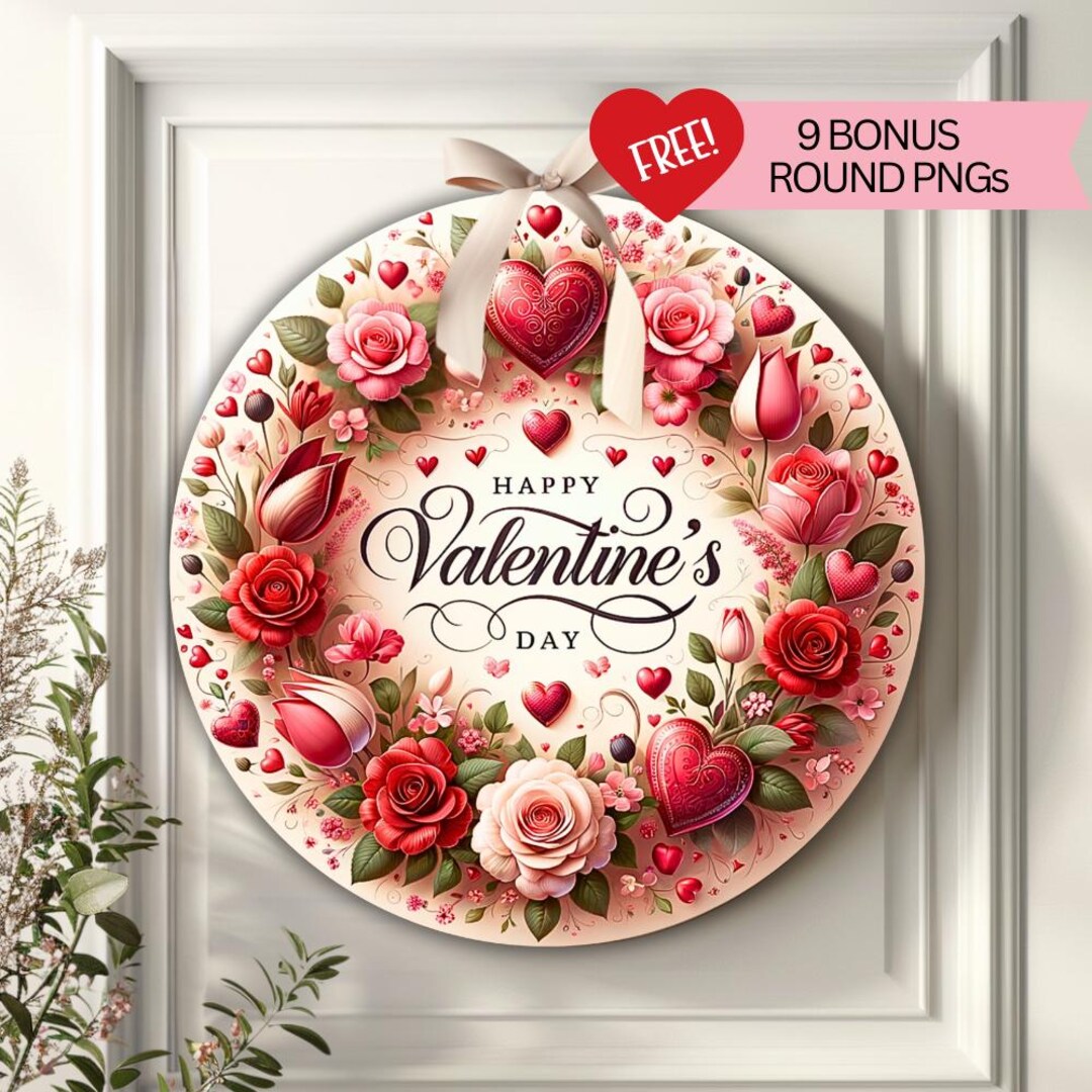 Happy Valentine’s Day Round Door Hanger PNG, Floral Valentine ...