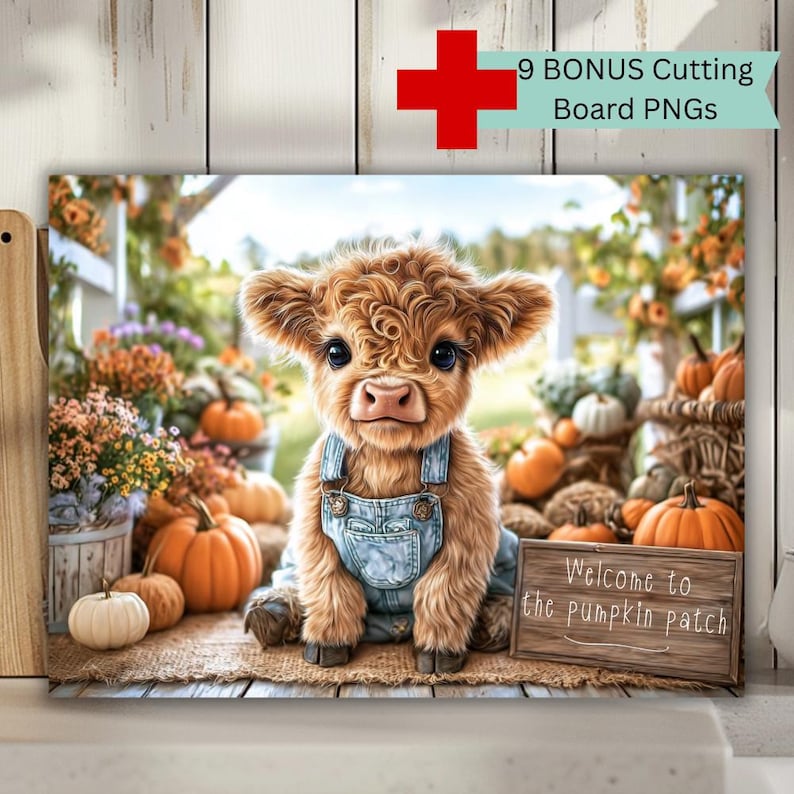 Highland Cow Pumpkin Patch PNG: Fall Cutting Board Sublimation Design ...