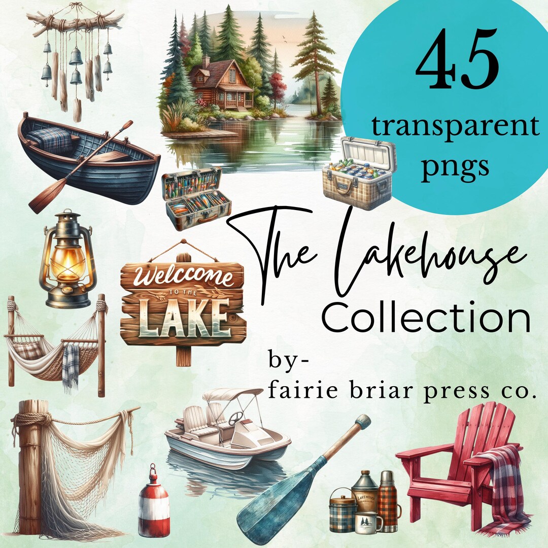 Watercolor Lakehouse Clipart: Rustic Cabin, Canoe, Campfire (45 Pngs ...