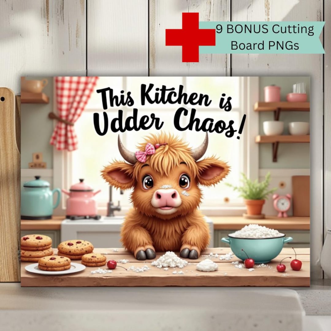 Funny Highland Cow Kitchen Design: Baking Clipart for Cutting Boards ...