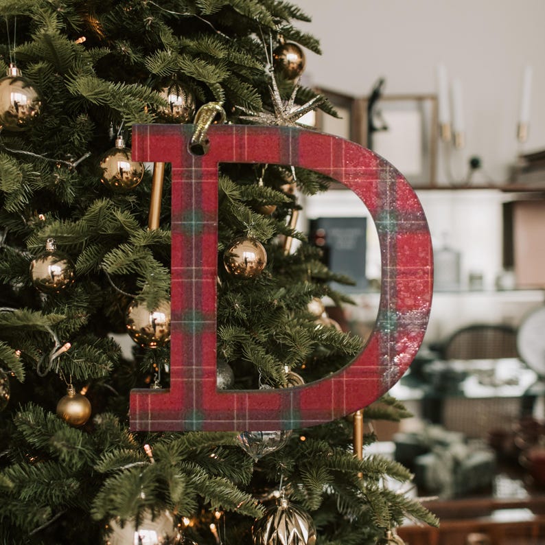 Personalized Wooden Ornament: Tartan Plaid, Laser Cut, Custom Letter ...