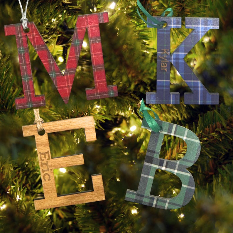 Personalized Wooden Ornament: Tartan Plaid, Laser Cut, Custom Letter ...