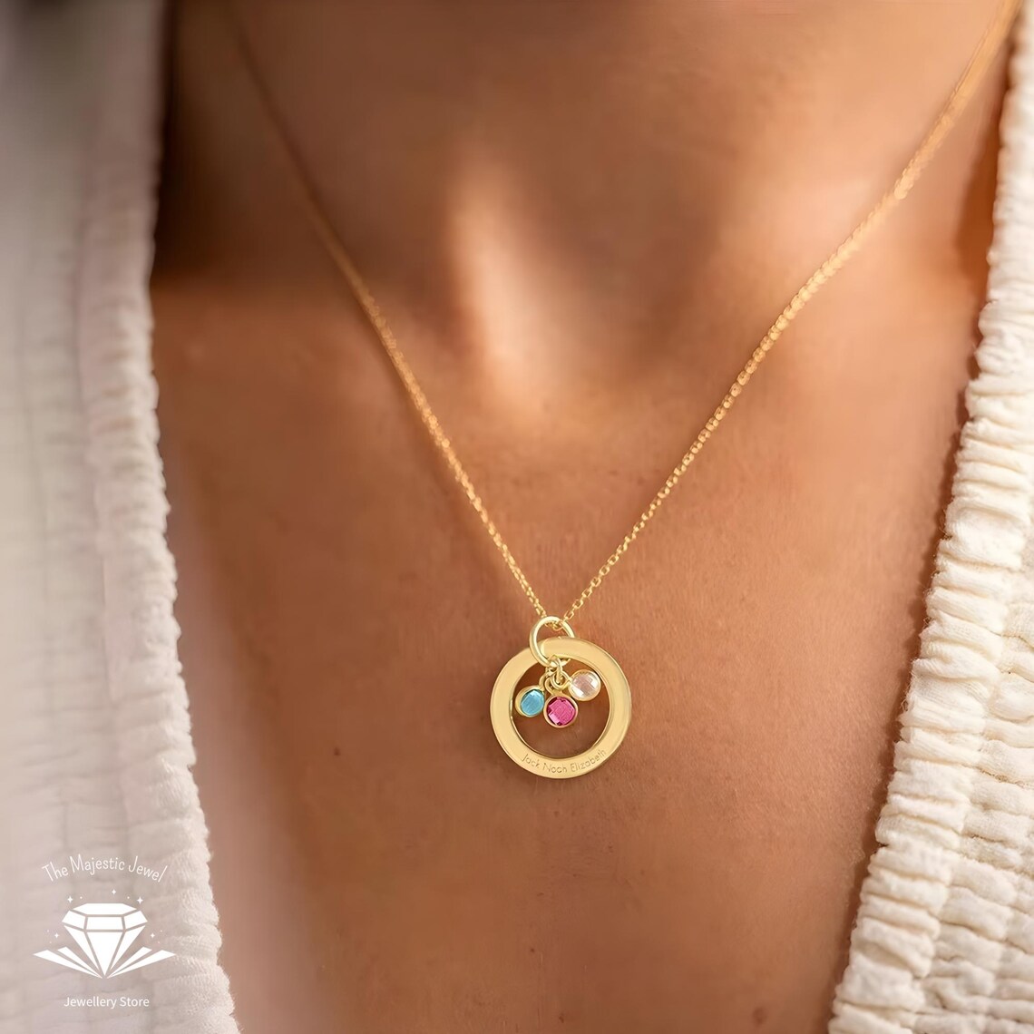 Gold Family Birthstone Necklace, Personalized Eternal Circle Pendant ...
