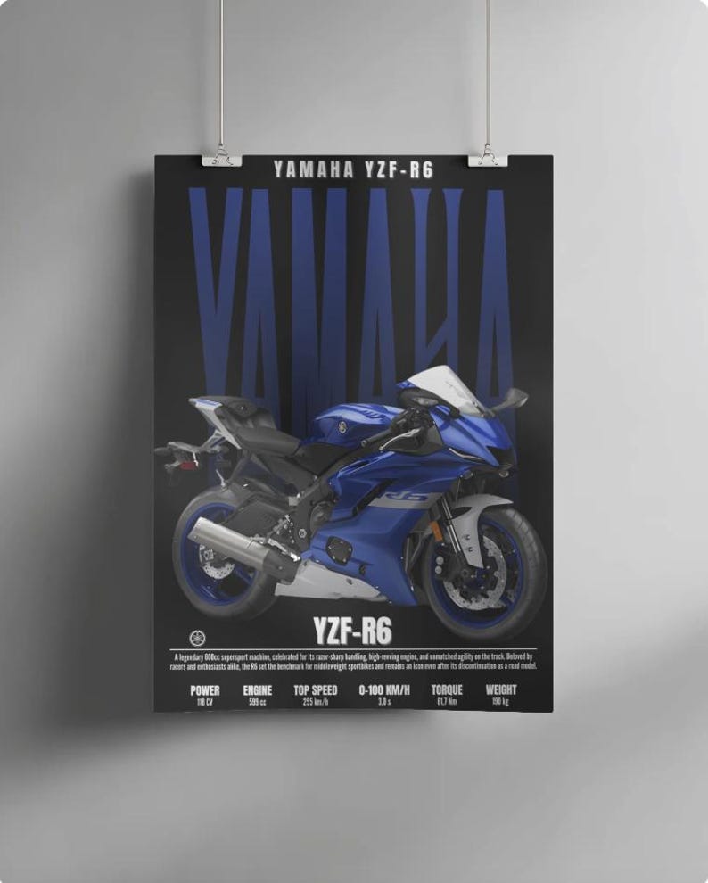 Yamaha YZF-R6 Motorcycle Digital Poster, Sportbike Wall Art, Racing ...