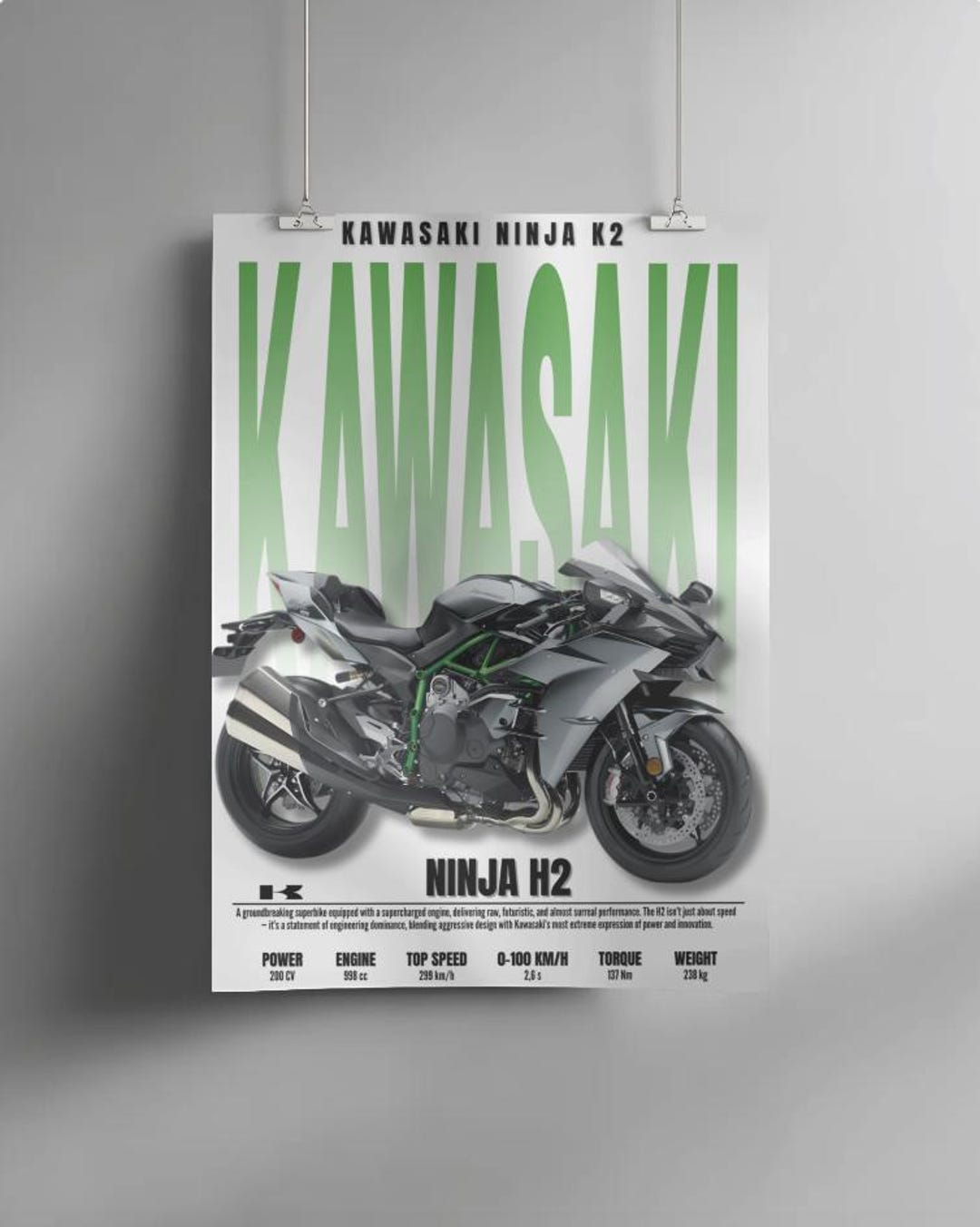 Kawasaki Ninja H2 Motorcycle Digital Poster, Sportbike Wall Art, Racing ...
