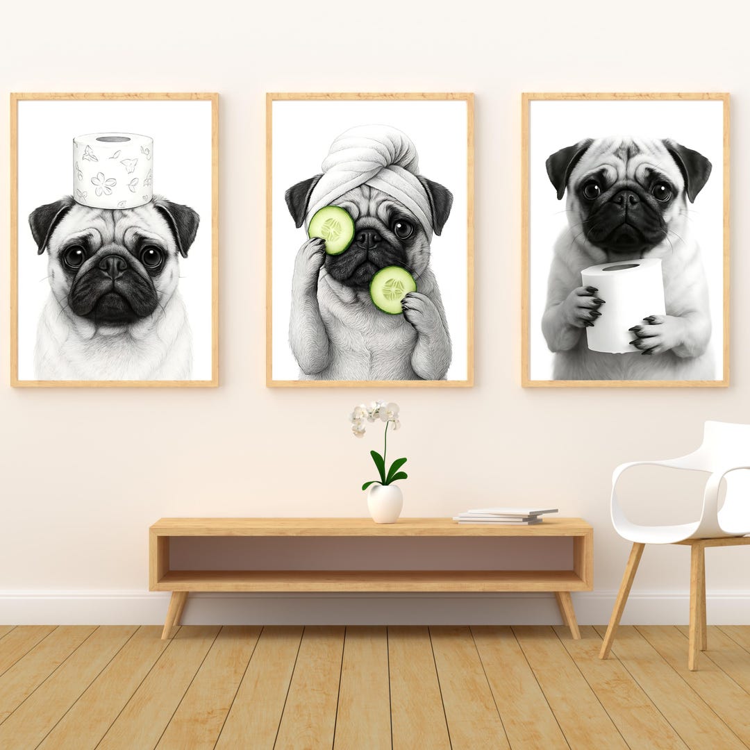 Set of 3 Adorable Pug Bathroom Prints - Printable Wall Art, Bathroom ...
