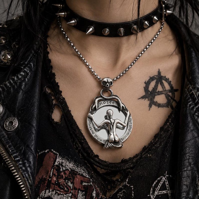 Gothic Skull Snake Magic Mirror Necklace, Stainless Steel Grunge ...