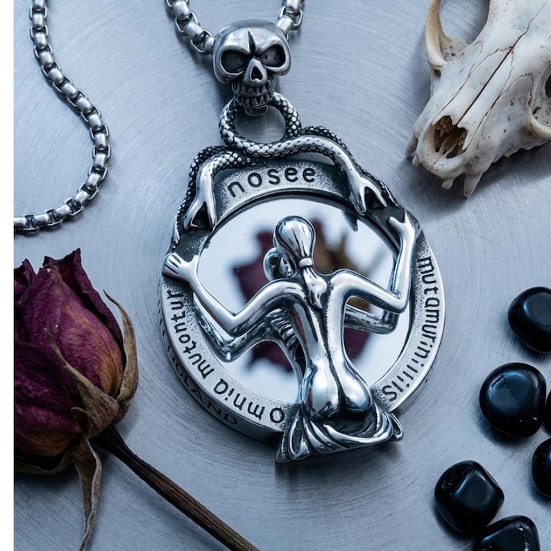 Gothic Skull Snake Magic Mirror Necklace, Stainless Steel Grunge ...